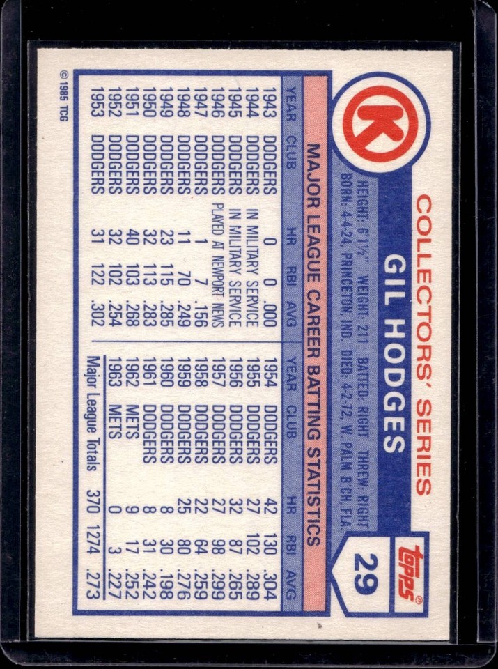 1985 Topps Circle K Gil Hodges #29 - Brooklyn Dodgers | eBay