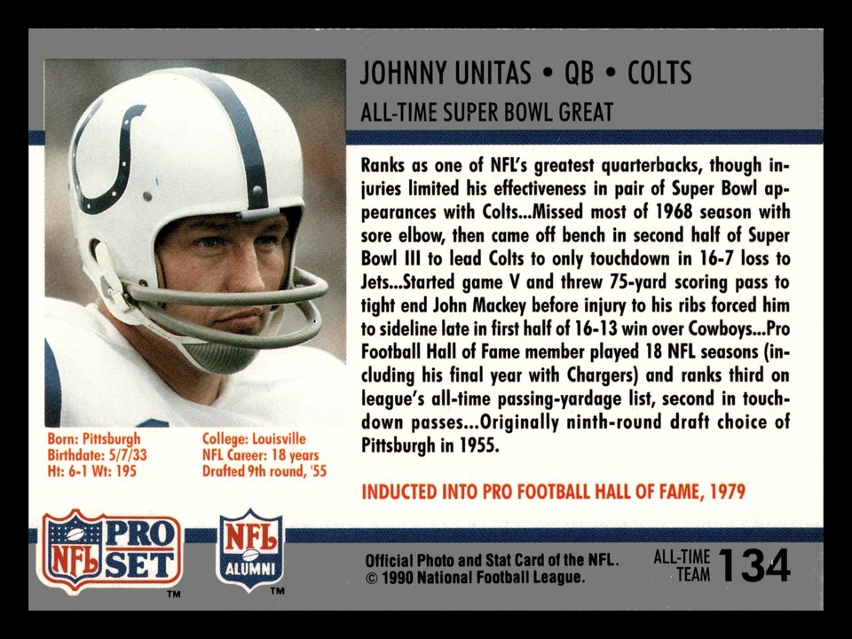 Johnny Unitas 1990 Pro Set Super Bowl XXV Silver Anniversary #134 ...