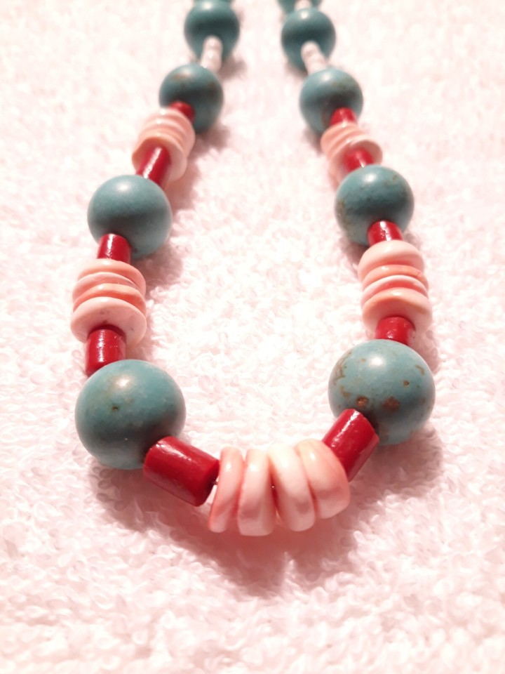 Native American Turquoise Necklace 24" W/ Red Coral Heishi Red Lipped ...