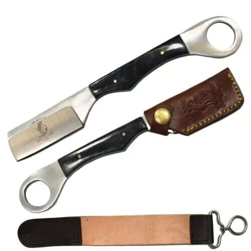 Fixed Blade Razor Knife Set Full Tang 8" Black Handles w/Leather Sheath ...