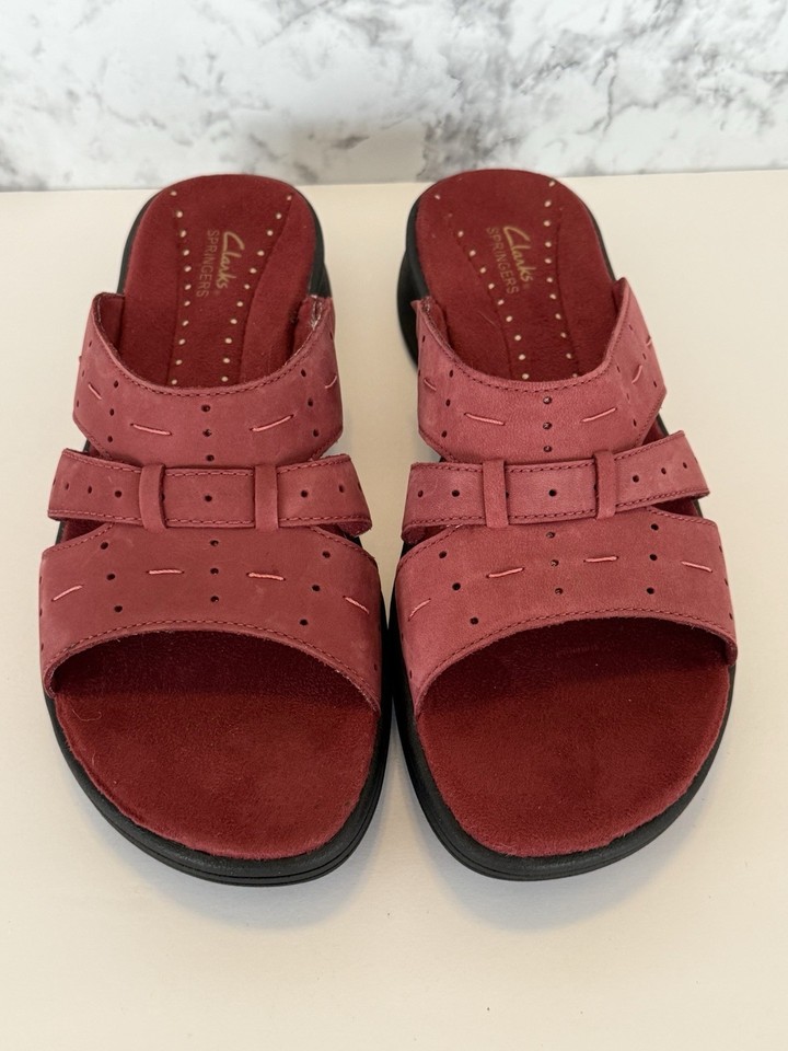 Clarks Springers 8.5 M Slip On Leather Sandals Burgundy Comfort Cushion ...