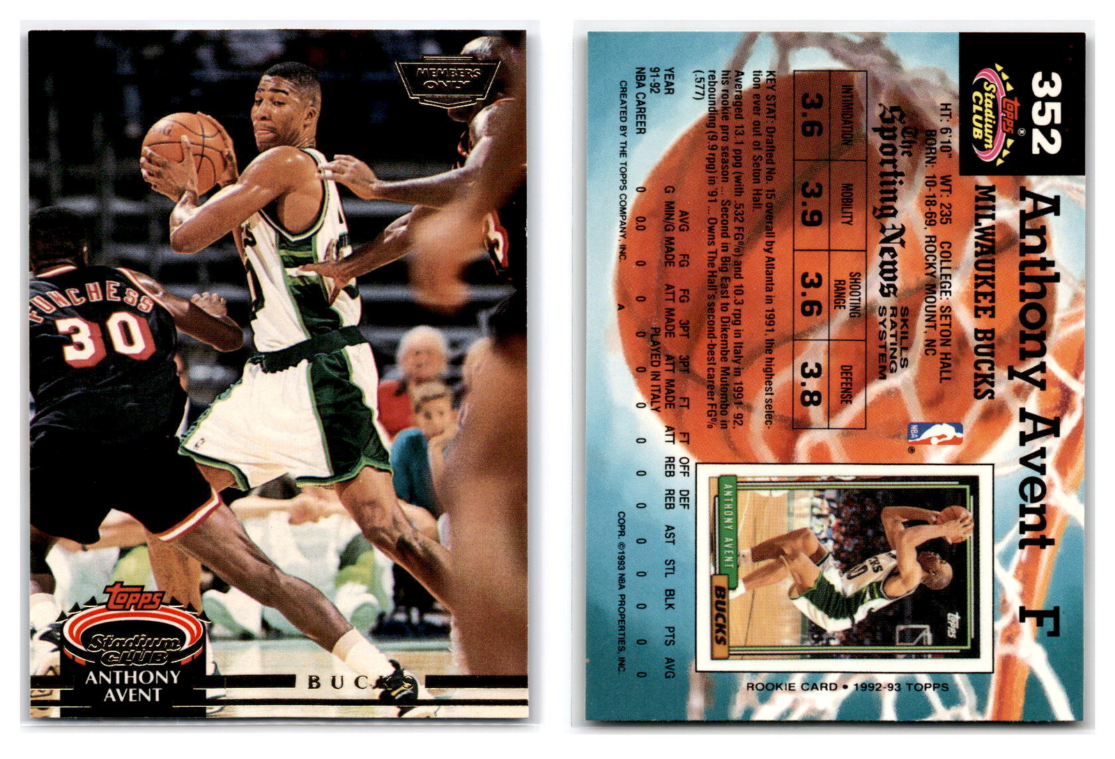 1992-93 Stadium Club Members Only #352 Anthony Avent - Milwaukee Bucks ...