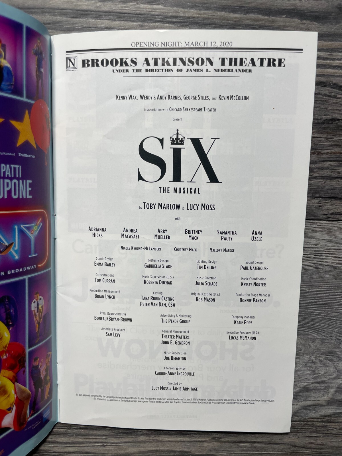 SIX, PLAYBILL, MARCH 2020, BROOKS ATKINSON THEATRE | eBay
