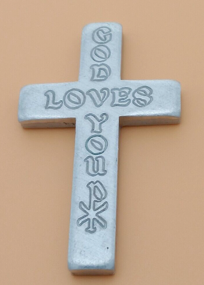 Cross Engraved God Loves You Silver Tone Metal Pocket Christian ...