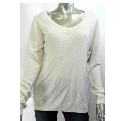 Debbie Morgan Women Sweater M Ivory Pullover Embellished V Neck Solid ...