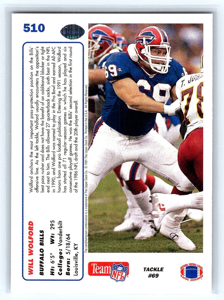 1991 Upper Deck #510 Will Wolford Football Buffalo Bills | eBay