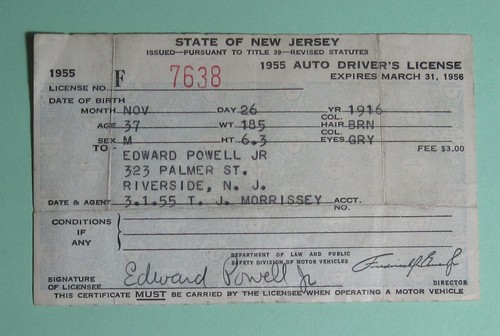 Vintage 1955 Riverside New Jersey Vehicle Registration Auto Driver's ...