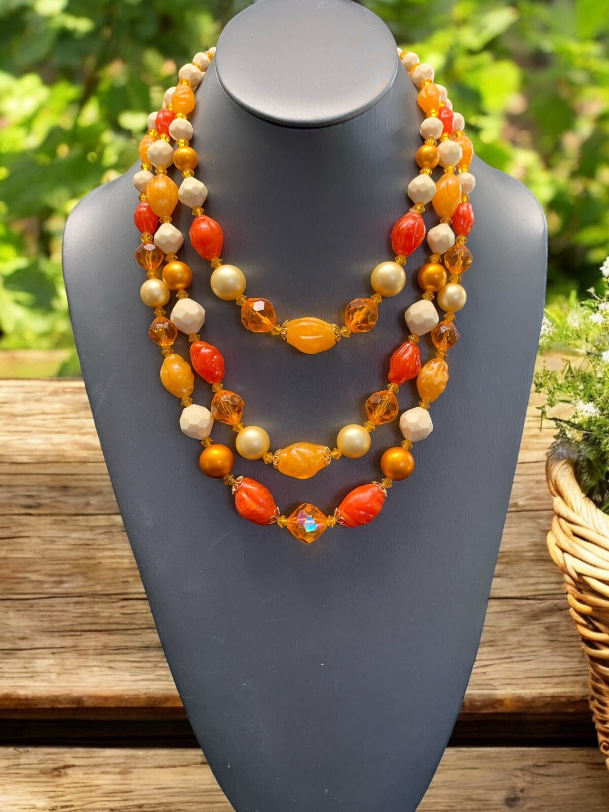 Vintage 1950S Germany 3 Strand Tangerine Tan Beaded … - Gem