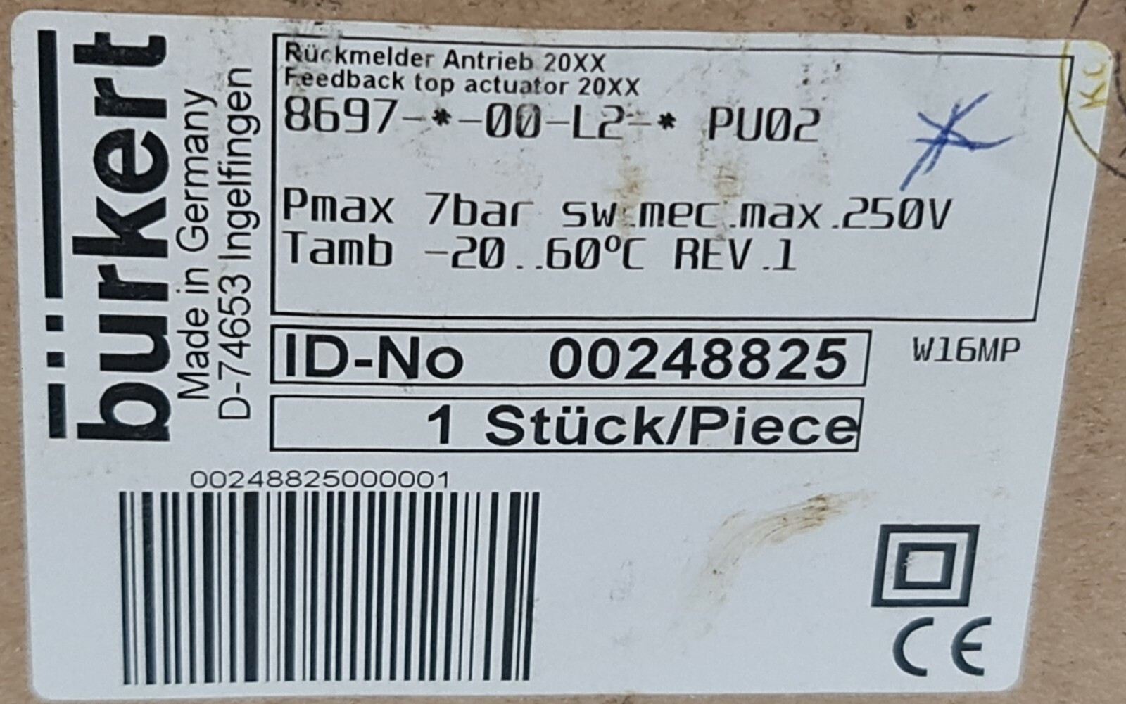 BURKERT 00248825 TYPE:8697 PNEUMATIC CONTROL UNIT 8697-*-00-L2-* PU02 S ...