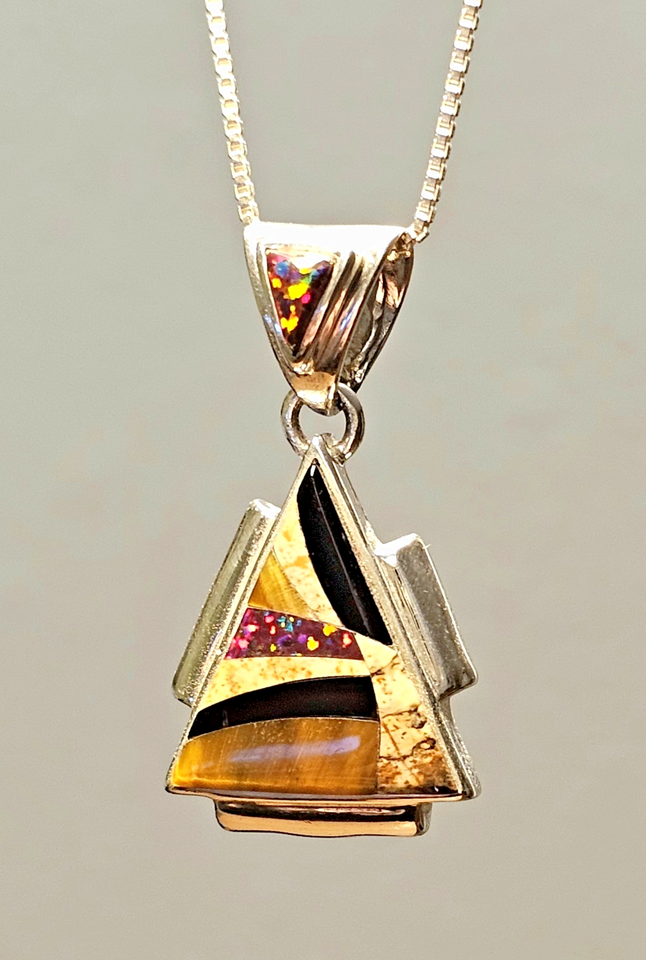 Calvin Begay Inlay Triangle Pendant, Sterling Silver, Tiger's Eye, Opal ...