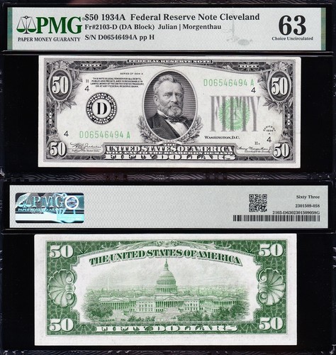 Amazing CHOICE UNC 1934 A $50 CLEVELAND Federal Reserve Note! PMG 63 ...