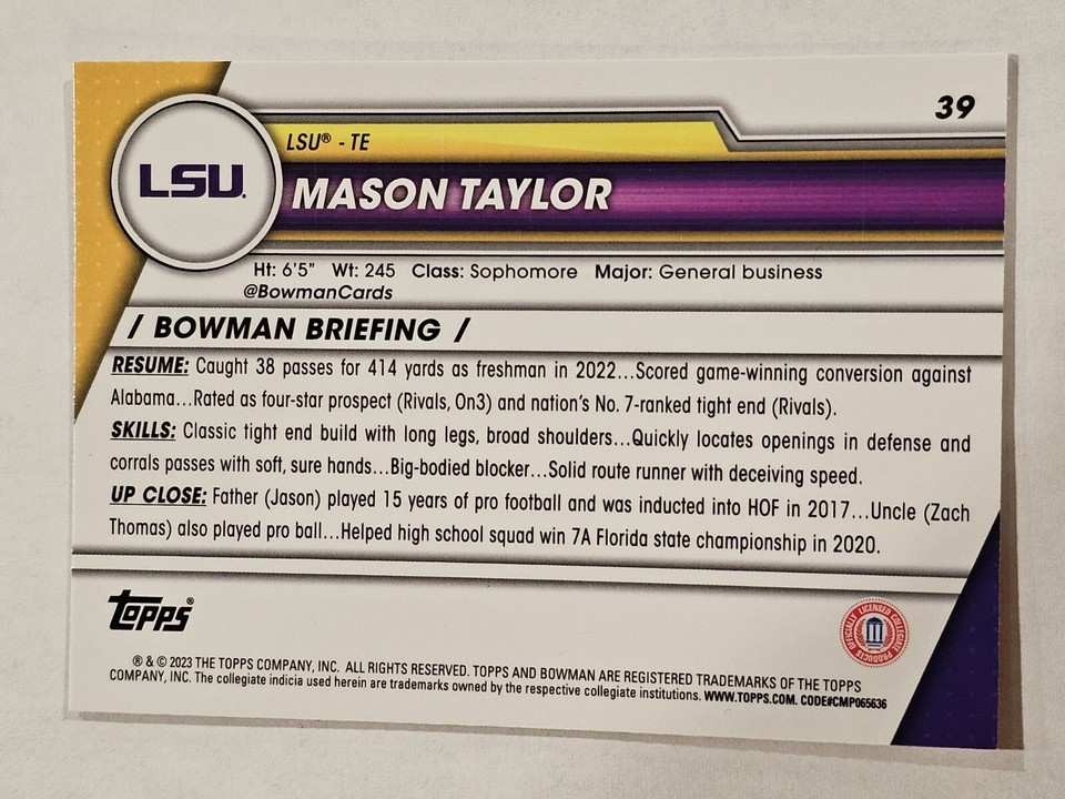 2023 Bowman Chrome University #39 Mason Taylor Base | eBay