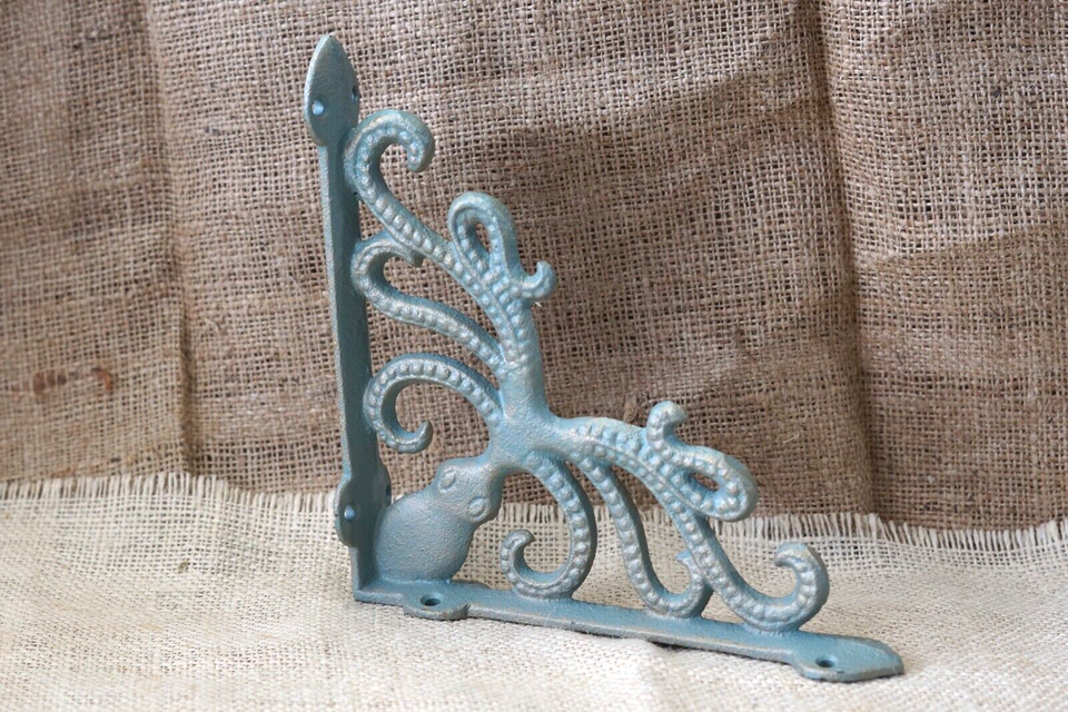 2 Cast Iron Octopus Brackets Nautical Garden Braces Shelf Corbels Ocean ...