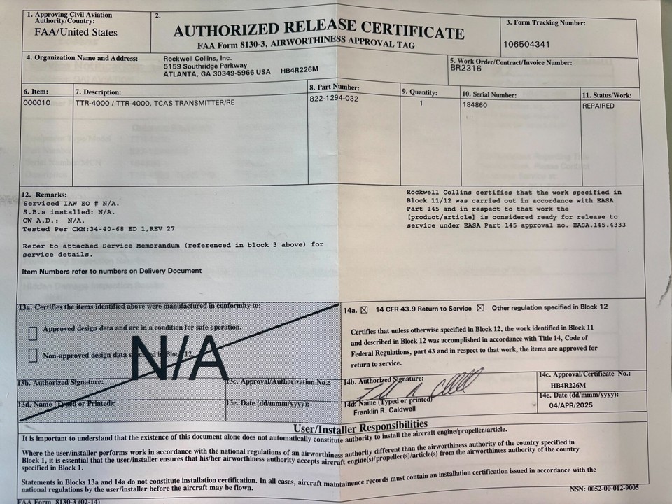 TCAS Transmitter/Receiver TTR4000 822-1294-032 w/ April 2025 Repaired ...