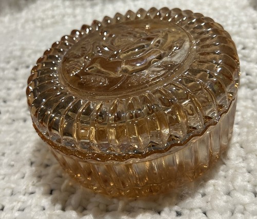 Vtg Rose Round Dish. Powder Jar. Marigold Luster Carnival Glass ...