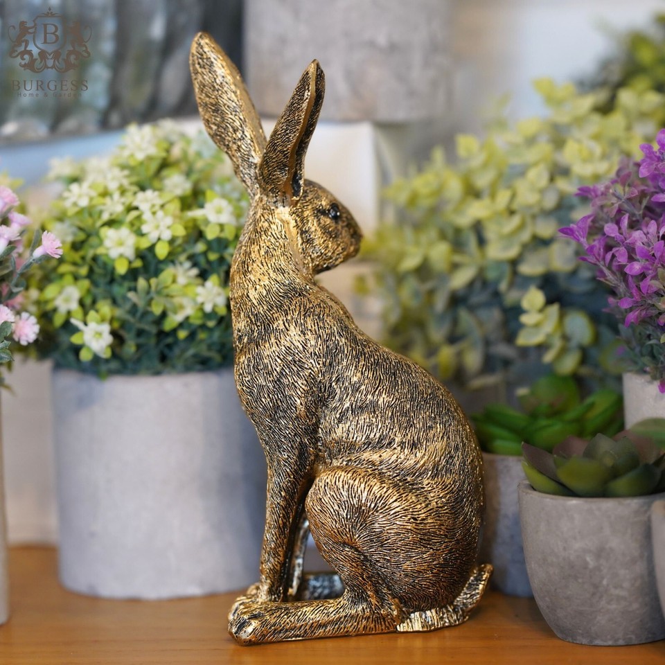 Gold Hare Home Ornament | Sitting Golden Bunny Rabbit Statue Garden ...