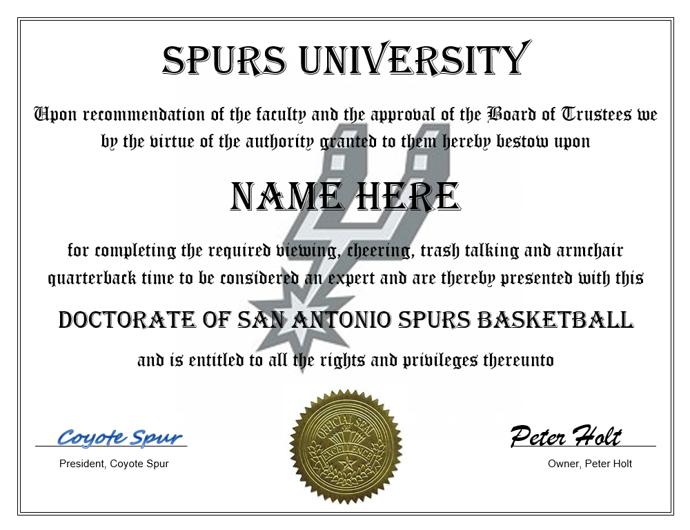 SAN ANTONIO SPURS PERSONALIZED FAN CERTIFICATE GREAT GIFT | eBay