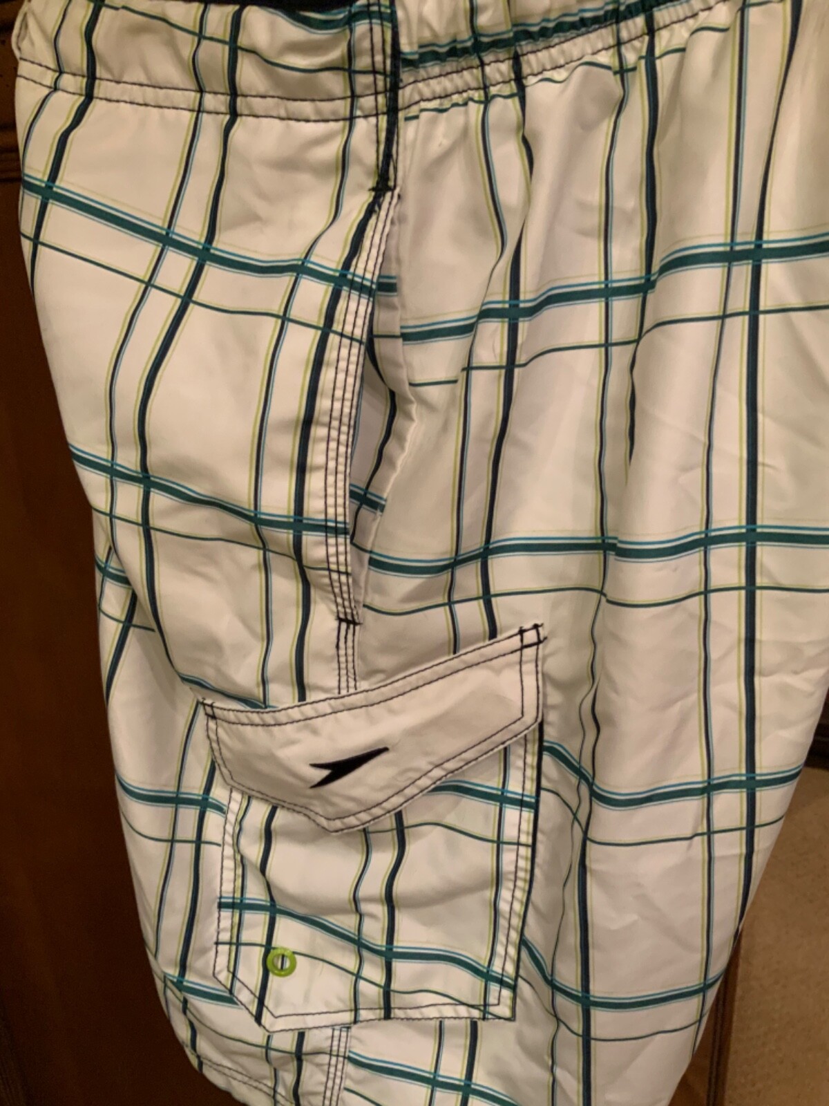 Medium Speedo Mens Swim Trunks White Plaid Blue Green… - Gem
