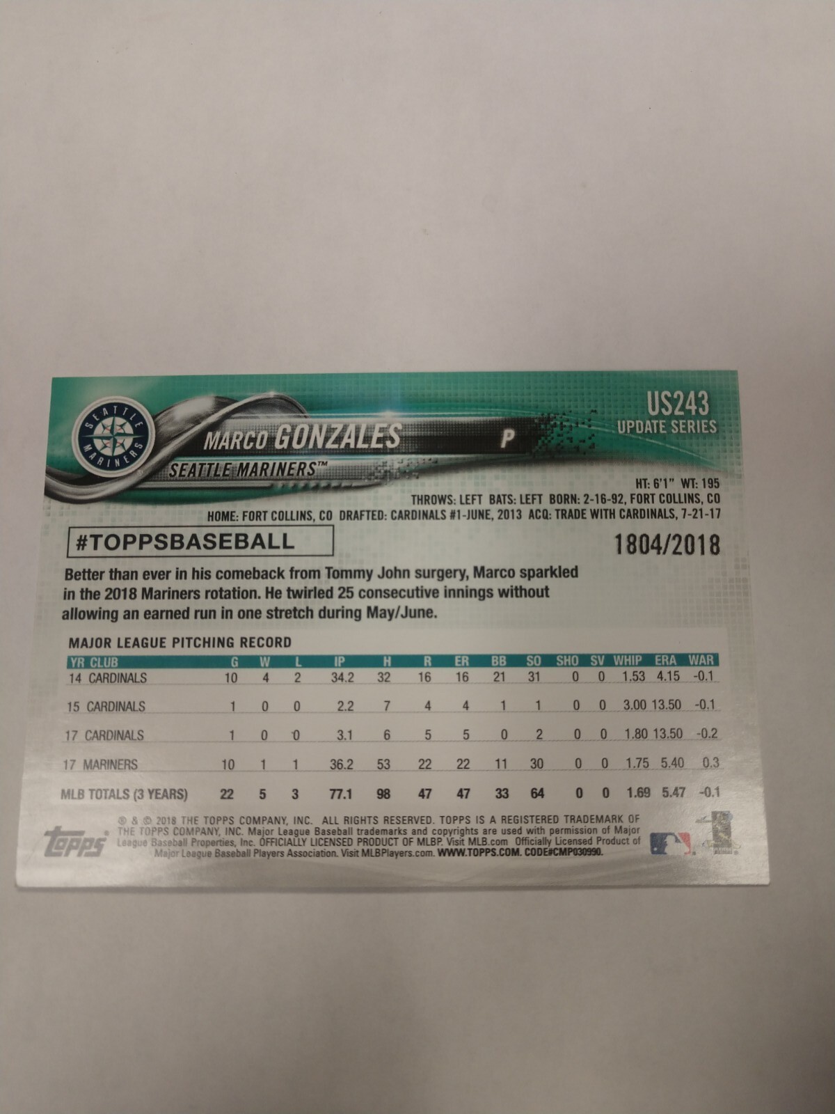 2018 Topps Update GOLD Marco Gonzales 1804/2018 Seattle Mariners #US243 ...