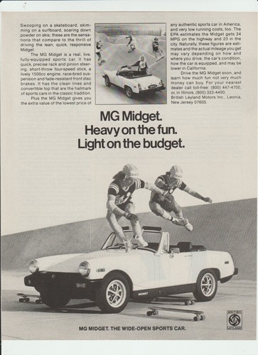 MG Midget British Leyland Car Automobile Skateboarding Vintage Print Ad ...