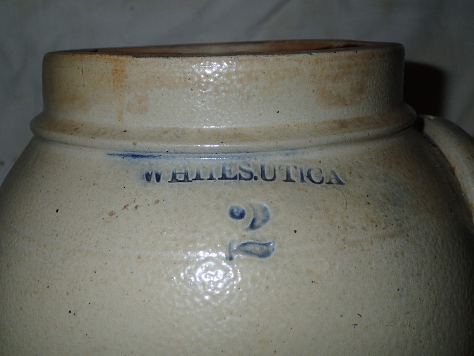 ANTIQUE PRIMITIVE USA STONEWARE BLUE BIRD CROCK WHITES UTICA N.Y. SALT ...