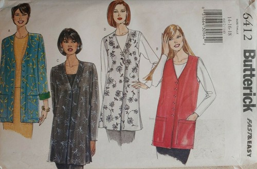 Butterick 6412 Misses' Unlined Jacket Vest Sizes 14 16 18 Pattern Plus ...