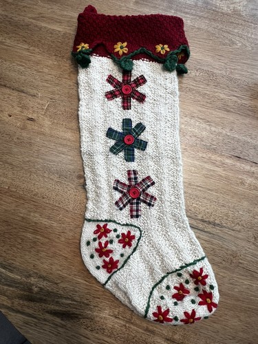 Vintage Christmas Stocking Knit Wool Xmas Red Cream Buttons 22” | eBay