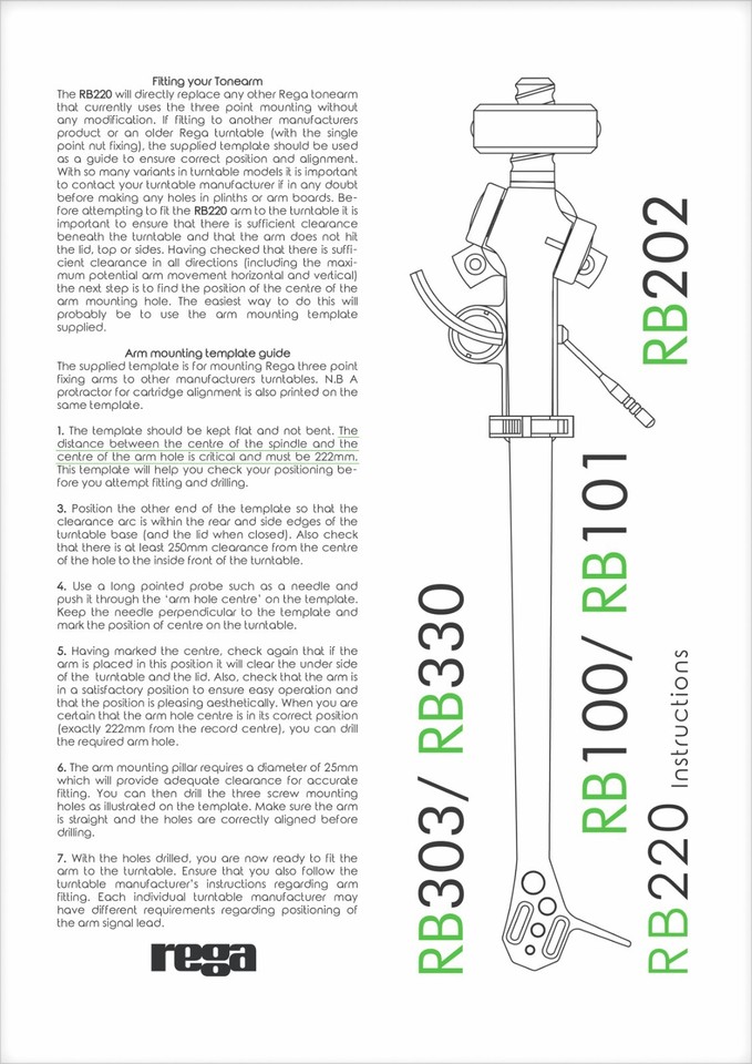 Rega RB100/RB101/RB202/RB220/RB303/RB330 Tonearm Alignment Protractor ...