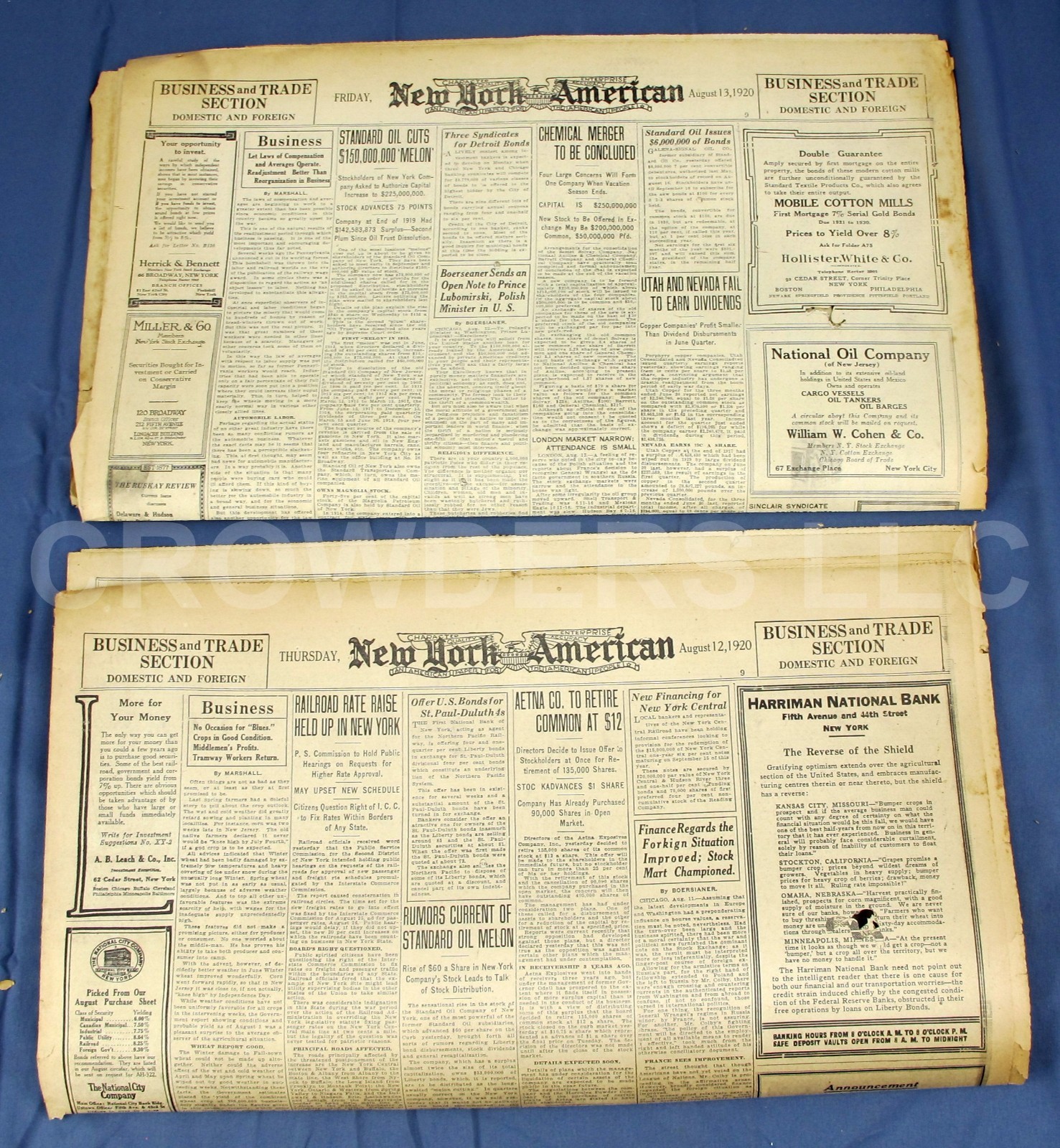 2x New York American Newspaper August 11 & 12 1920 Business Trades ...