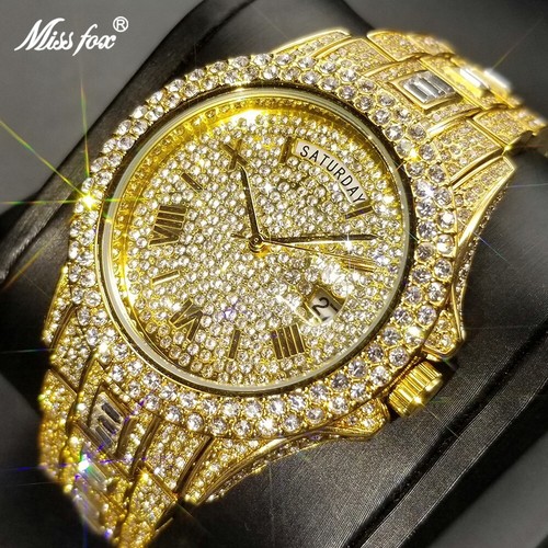 Hip Hop Fully Ice out Men's Watch Custom Bling Iced VVS Simulated ...