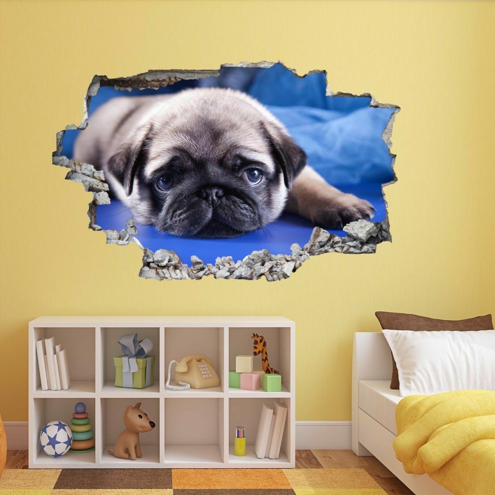 Pug Puppy Dog Animal 3D Smashed Wall Sticker Mural Decal Kids Bedroom ...