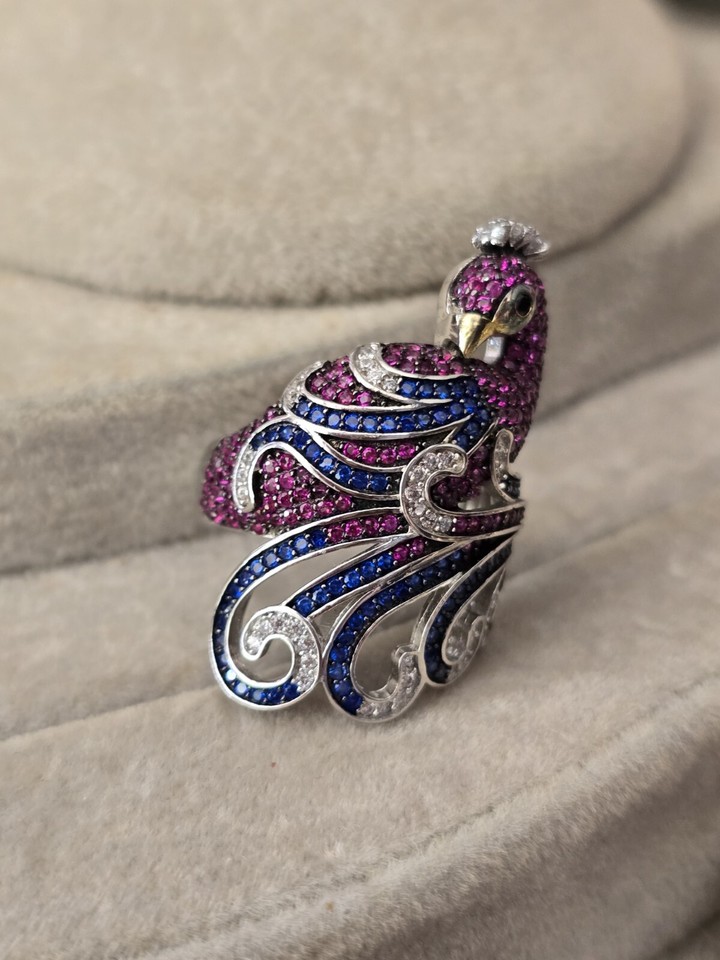 Ross Simons sterling silver Pink Blue Peacock lab created Ring cz ...