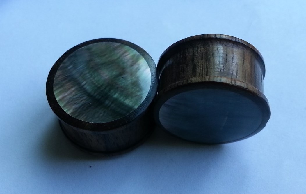 One Pair Handmade Black Shell Inlay Sono Wood Double Flared Ear Plugs ...