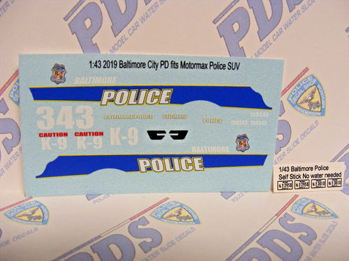 Baltimore MD Police K9 1/43 Water Slide Decals 4 Motormax 1st Response ...