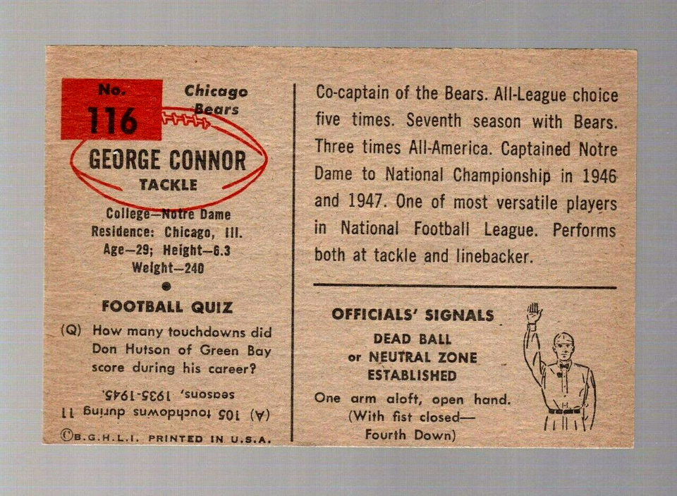 George Conner 1954 Bowman Chicago Bears Notre Dame Card #116 EX HOF | eBay