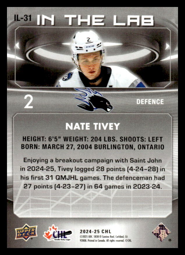 2024-25 UD CHL In the Lab IL-31 Nate Tivey - Saint John Sea Dogs | eBay