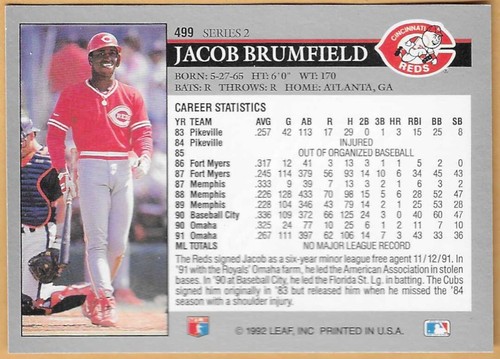 JACOB BRUMFIELD CINCINNATI REDS 1992 #499 - DONRUSS NM-MT 1992 | eBay