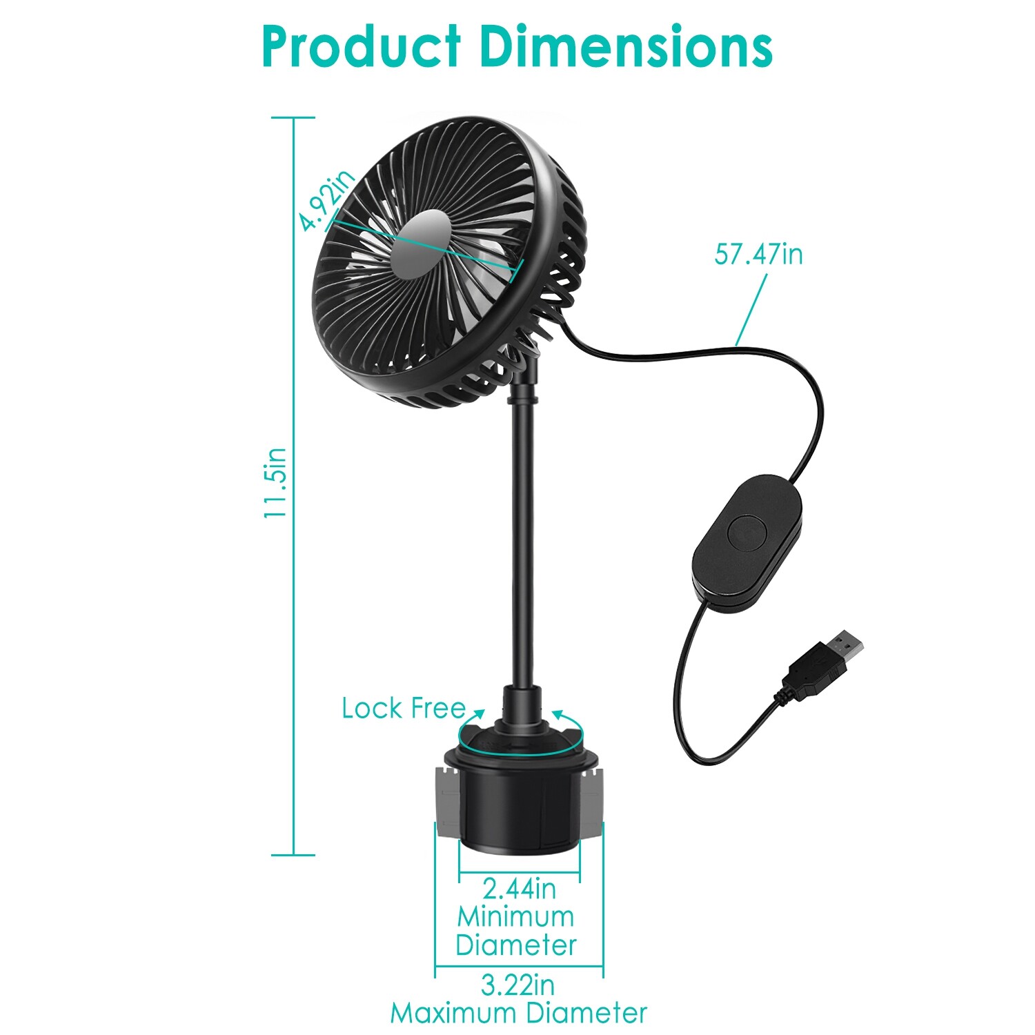 USB Car Cooling Fan Portable Car Cup Holder Fan Adjustable Gooseneck ...