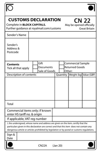 250 SELF ADHESIVE CUSTOMS DECLARATION FORMS LABEL CN22 ROYAL MAIL POST ...