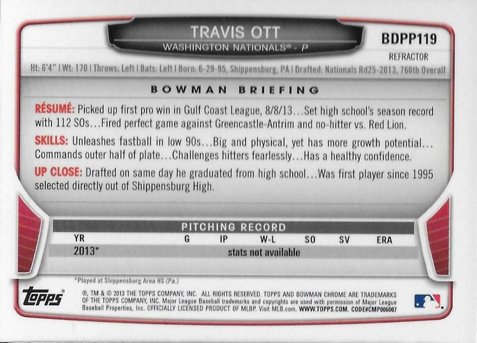 2013 Bowman Draft Chrome Draft Picks Refractors #BDPP119 Travis Ott ...
