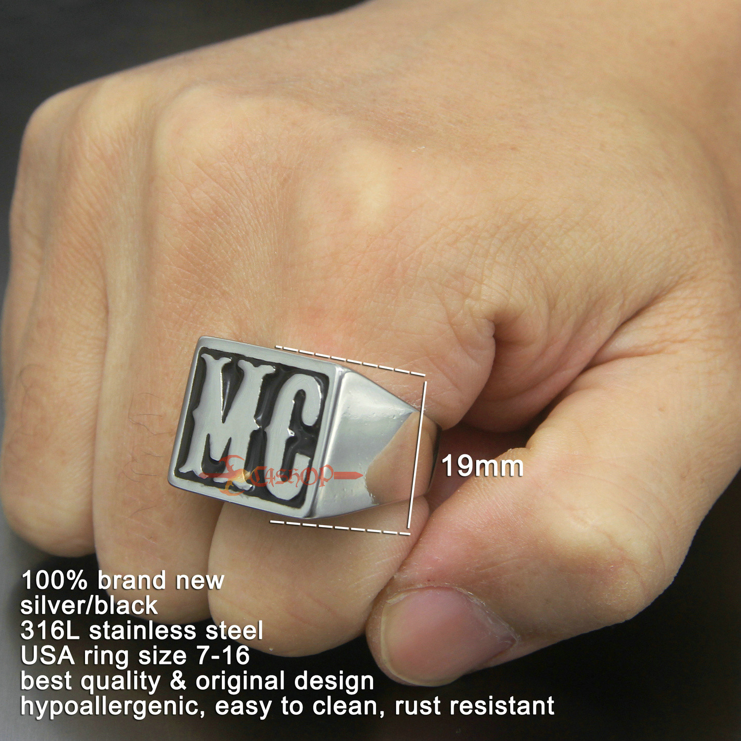 Men's 316L Stainless Steel MC Initial Letter Biker Ring Size HEAVY ...