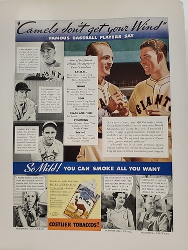 1935 Camel Cigarettes Baseball Fortune Print Ad Lou Gehrig Carl Hubbell ...