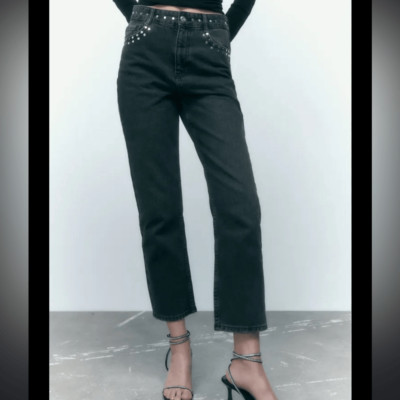 Zara Straight Leg Grey Jeans studded jeans Jean denim pants size 10 ...