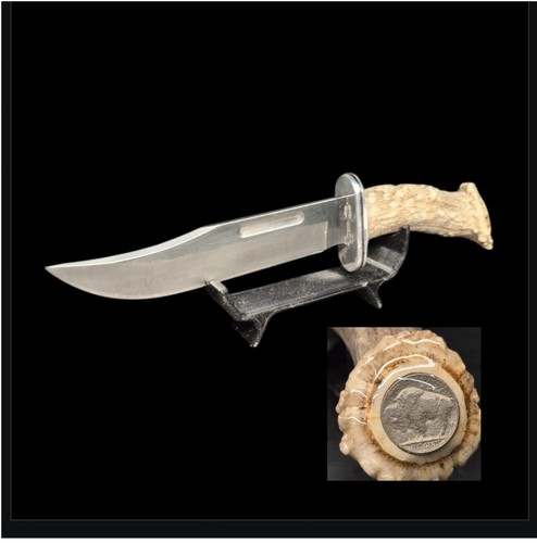 Custom Buck Knife 119 Special Crown Stag Antler Leather Sheath Hunting ...