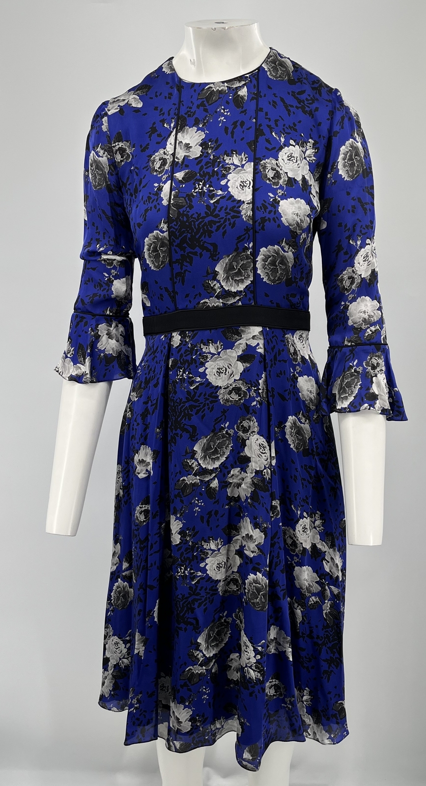Prabal Gurung blue Silk 3/4 Sleeve Black/White Floral Print Midi Dress ...