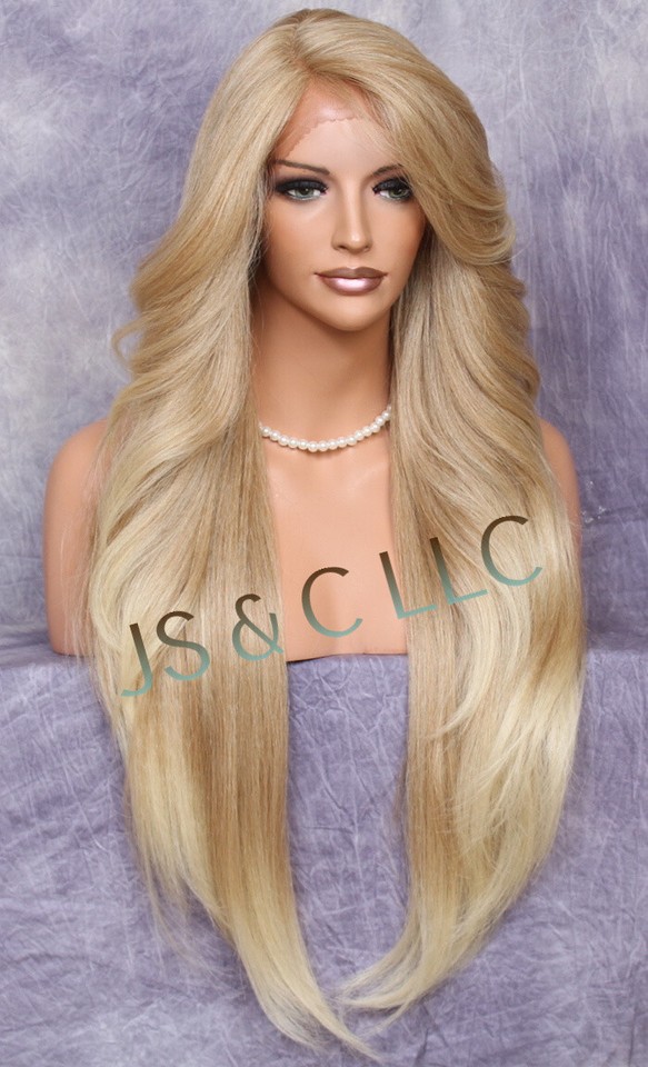 38" Long Human Hair Blend Full Lace Front Wig Heat OK Blonde mix WEPC ...