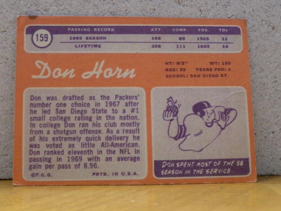 AUCTION 549 - FOOTBALL CARD VINTAGE 1970 DON HORN PACKERS QUARTERBACK ...
