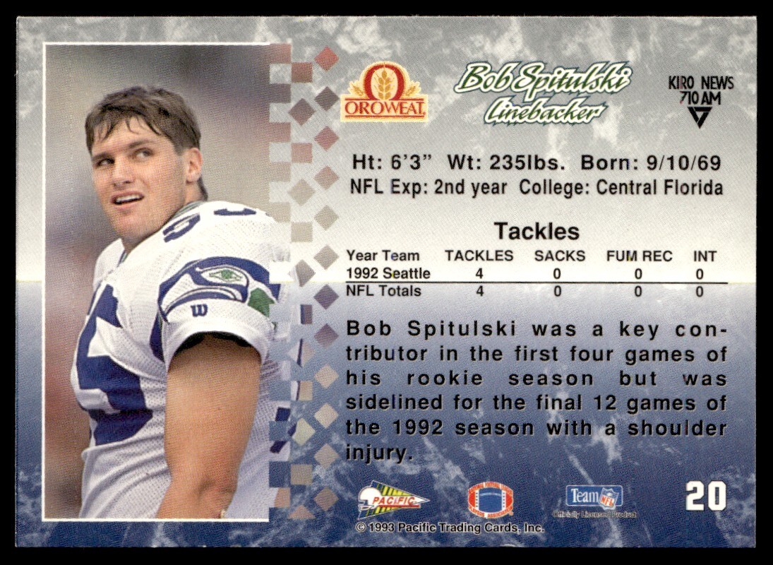 1993 Pacific Oroweat Seattle Seahawks - #20 Bob Spitulski (RC) for sale ...