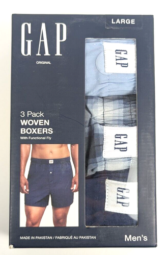 GAP Original 3 Pack Woven Boxers Cotton Fly Men's LARGE (35-37) Blues ...