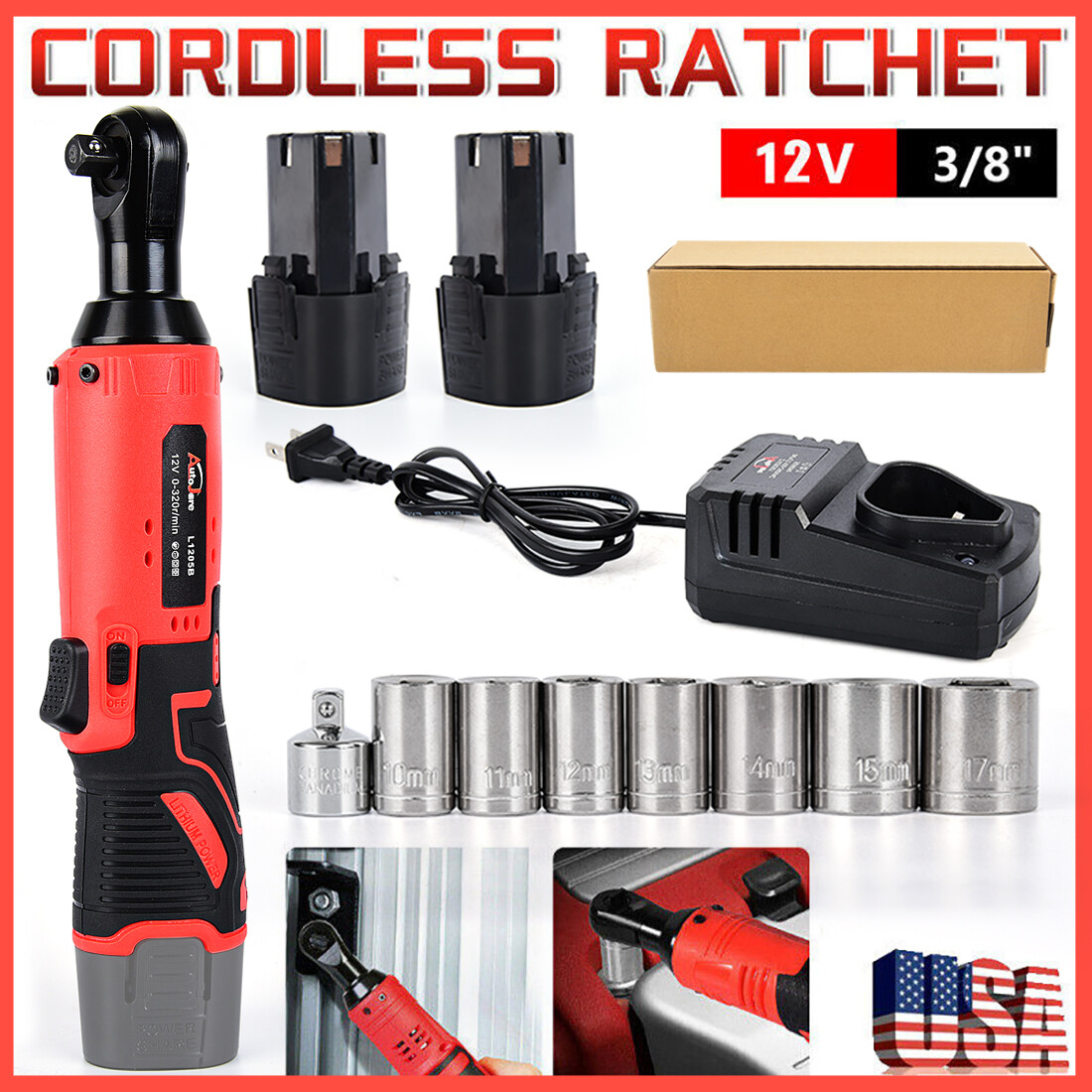 12V Electric Cordless Ratchet 3/8"Right Angle Wrench Impact Power Tool ...